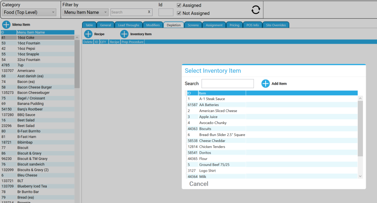 Adding/editing menu items.