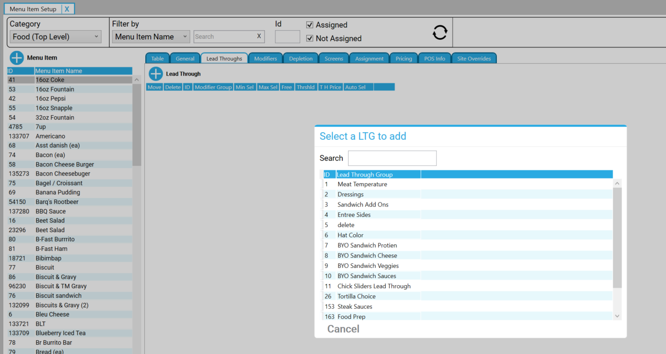 Adding/editing menu items.